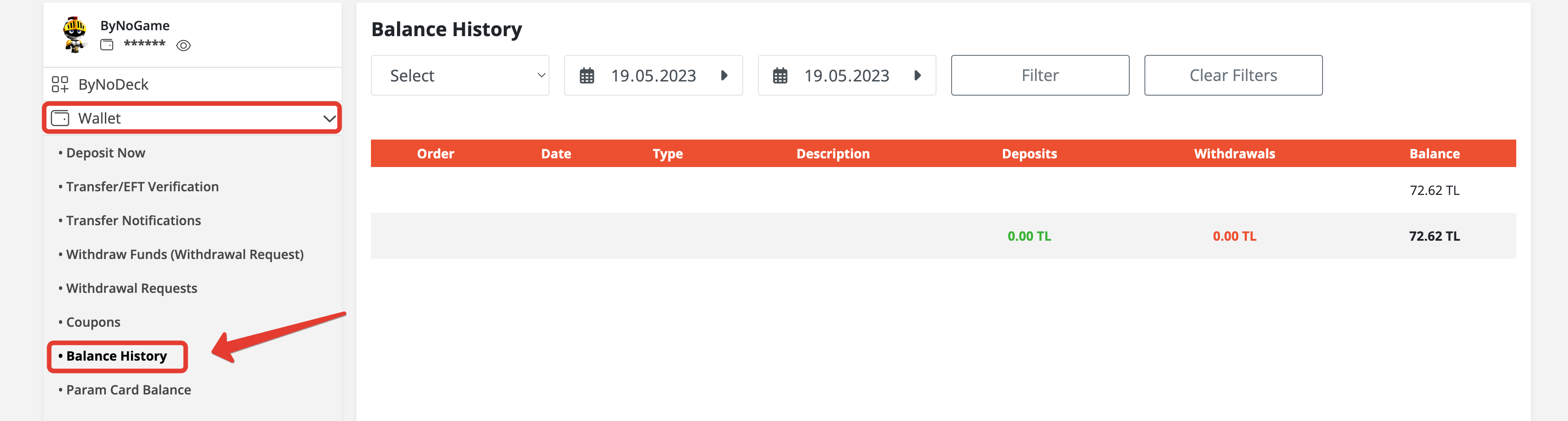 ByNoGame Helpdesk - Where can I view my account transactions?